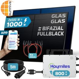 SUNNIVA&reg; 1000W Balkonkraftwerk BIFAZIAL FULLBLACK komplett Steckdose HOYMILES 800W Wechselrichter, PV Solaranlage, 2x 500W Glas Solarmodule, inkl. 5m Kabel, Bluetooth WIFI, Komplettset
