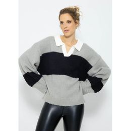 SASSYCLASSY Pullover in Grau/ Schwarz - 59% | Gr&ouml;&szlig;e M | Damen-pullover-cardigans