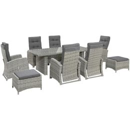 Konifera Garten-Essgruppe &raquo;Monaco&laquo; Set, 6x Sessel, 2x Hocker, 1x Tisch 200x100x74cm, inkl. Auflagen, 17 Stk. tlg. Polyrattan, Aluminium, R&uuml;ckenlehne 