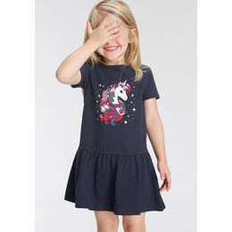 Kidsworld Kinder Kidsworld Jerseykleid &raquo;mit Einhorn&laquo; aus Baumwolle und Elasthan, kurz&auml;rmelig blau 128/134, N-Gr