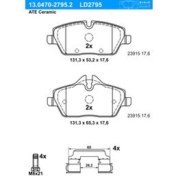 ATE Bremsbelagsatz, Scheibenbremse Ceramic 13.0470-2795.2 vorne rechts links mit Zubeh&ouml;r f&uuml;r MINI BMW 34106884263 34116860016 34106863292