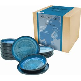 Teller-Set Creatable "Nordic Fjord", blau, 12 Stk., Steinzeug, Geschirr-Sets, Tafelservice, 6 Speiseteller &Oslash; 26 cm, 6 Suppenteller &Oslash; 22,5 cm