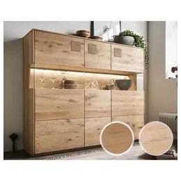 Massivholz &raquo;Davos&laquo; Highboard III Wildeiche bianco ge&ouml;lt / mit Beleuchtung