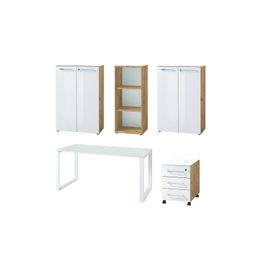 KADIMA DESIGN B&uuml;rom&ouml;bel Set 5-teilig Komplettb&uuml;ro Schreibtisch, Container, 2 Schr&auml;nke, Regal Glasfront, Soft-Close Made in Germany Chalet-Eiche-Nb./Wei&szlig;