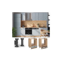 VICCO Herdumbauschrank Fame-Line Eiche Hellblau-Grau gerahmt 60 cm mit Arbeitsplatte Marmor-Wei&szlig;