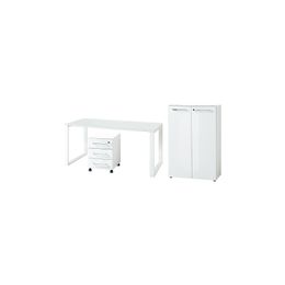 B&uuml;ro-Set 3-tlg Komplett MUENCHEN Wei&szlig; Schreibtisch & Aktenschrank & Container Glasplatte Soft-Close Abschlie&szlig;bar Made in Germany KADIMA DESIGN