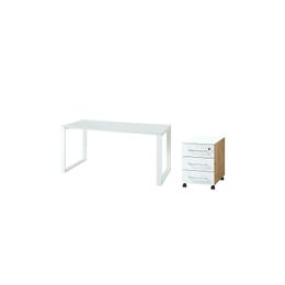 Schreibtisch Set MUENCHEN 160x80cm Tisch & Container Glasplatte Soft-Close Abschlie&szlig;bar Chalet-Eiche-Nb./Wei&szlig; KADIMA DESIGN