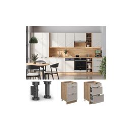 VICCO Schubladenunterschrank Fame-Line Eiche Grau-Beige gerahmt 50 cm mit Arbeitsplatte Marmor-Wei&szlig;