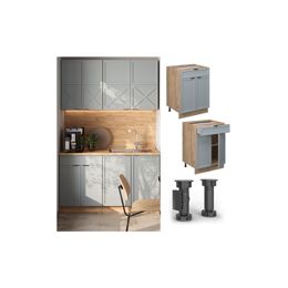 VICCO Schubunterschrank Fame-Line Eiche Hellblau-Grau gerahmt 60 cm mit Arbeitsplatte Marmor-Wei&szlig;