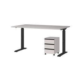 B&uuml;ro Set 2-teilig Schreibtisch 140x80cm & Rollcontainer Greige/Schwarz Einstellbar 68-91cm & Soft-Close Made in Germany KADIMA DESIGN