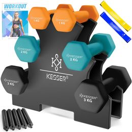 Kesser&reg; Hantel-Set, 3 Paar, 1kg - 5kg, 12kg oder 18kg kurzhanteln mit St&auml;nder Aufbewahrung, Fitnessstudio, Krafttraining, Hantelset rutschfeste Neopren, Mit &Uuml;bungsheft, 2x Fitnessb&auml;nder