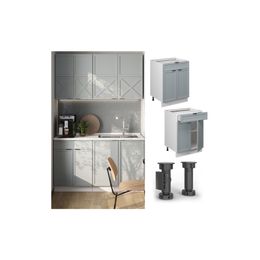 VICCO Schubunterschrank Fame-Line Wei&szlig; Hellblau-Grau gerahmt 60 cm mit Arbeitsplatte Eiche