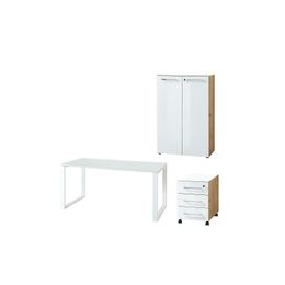 B&uuml;ro-Set MUENCHEN Schreibtisch Aktenschrank Container Glasplatte Soft-Close Abschlie&szlig;bar Chalet-Eiche-Nb./Wei&szlig; Made in Germany KADIMA DESIGN