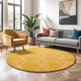 Teppich Sanat, H:10mm &Oslash;:150cm, gelb, Kunstfaser, Wohnzimmer, Teppiche, "Trellis, auch als L&auml;ufer und Rund", Kurzflor, skandi, boho, gro&szlig;e