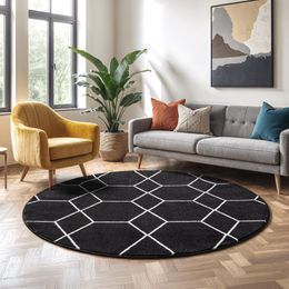 Teppich Sanat, H:10mm &Oslash;:200cm, schwarz-wei&szlig;, Kunstfaser, Wohnzimmer, Teppiche, "Trellis, auch als L&auml;ufer und Rund", Kurzflor, skandi, boho, gro&szlig;e