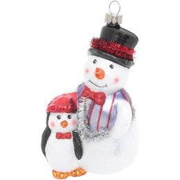Christbaumschmuck "Schneemann mit Puinguin", B:7,5cm H:14cm T:8,5cm, wei&szlig;, KREBS GLAS LAUSCHA, Weihnachtsbaumschmuck, Christbaumschmuck aus Glas,