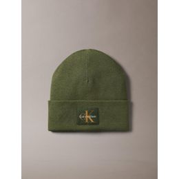 Calvin Klein Damen Beanie "MONOLOGO PATCH BEANIE"thyme, unifarben, Strick, Viskosemischung, M&uuml;tzen, Perfekt f&uuml;r den Alltag
