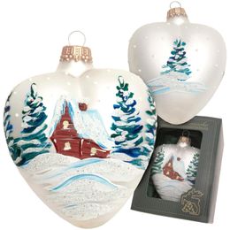Christbaumschmuck "Herz mit verschneitem Haus", B:6cm H:6cm T:9cm, silber, KREBS GLAS LAUSCHA, Weihnachtsbaumschmuck, Christbaumschmuck aus Glas,
