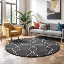 Teppich Sanat, H:10mm &Oslash;:200cm, grau, Kunstfaser, Wohnzimmer, Teppiche, "Trellis, auch als L&auml;ufer und Rund", Kurzflor, skandi, boho, gro&szlig;e