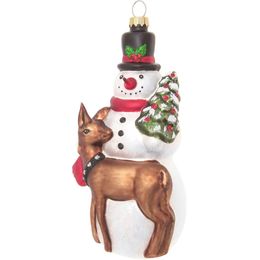 Christbaumschmuck "Schneemann mit Reh & Baum", B:8cm H:17,5cm T:8,5cm, wei&szlig;, KREBS GLAS LAUSCHA, Weihnachtsbaumschmuck, Christbaumschmuck aus Glas,