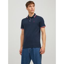 Jack & Jones JACK & JONES Herren Poloshirt "JJEPAULOS Poloshirt mit klassischem Kragen und figurbetonter Form", blau, Gr. S, unifarben mit Farbeinsatz, Piqu&eacute;,