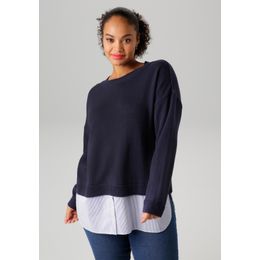 ANISTON PLUS Damen Strickpullover, blau, Gr. 48, gestreift, unifarben, Strick, Obermaterial: 50% Baumwolle, 50% Polyacryl. Bluseneinsatz: 100%