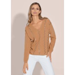 Madeleine Mode MADELEINE Damen Longpullover "Pullover Oversize-Pullover mit aufw&auml;ndiger Dekoration", braun, Modern, Gr. 40, Obermaterial: 90% Schurwolle WV. 10%