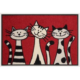 Fu&szlig;matte "Three Cats" Gr. 60, rot (rot, beige), B:40cm H:9mm L:60cm, Kunstfaser, wash+dry by Kleen-Tex, Teppiche, Fu&szlig;matte, Schmutzfangmatte, Motiv Katzen, rutschhemmend, waschbar