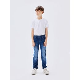Stretch-Jeans name it "NKMROBIN DNMTHAYERS 3454", Jungen, Gr. 110, N-Gr, blau (schwarz, blau, denim), Denim/Jeans, Obermaterial: 70% Baumwolle, 27% Polyester, 3% Elasthan, slim fit lang, Jeans Jeans 5-Pocket-Jeans