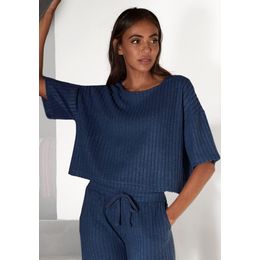 3/4-Arm-Shirt Lascana, Damen, Gr. 36/38, blau (blau, melange), Rippware, Obermaterial: 56% Polyester, 41% Viskose, 3% Elasthan, meliert, unifarben, figurumspielend kurz, Rundhals, Shirts 3/4-Arm-Shirt, Lounge-/Strickshirt aus weichem Strick, Loungewear
