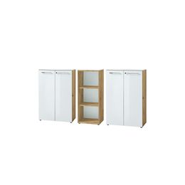 Aktenschrank Set Sideboard 3-teilig 3 Ordnerh&ouml;hen Glasfront Abschlie&szlig;bar Soft-Close Chalet-Eiche-Nb./Wei&szlig; Serie MUENCHEN KADIMA DESIGN