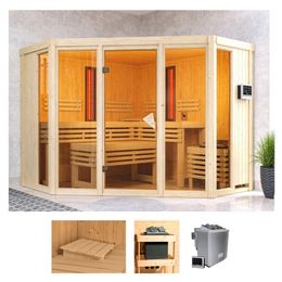 Karibu Sauna &raquo;Adele&laquo; Set, 9-kW-Bio-Ofen mit ext. Steuerung, 2 Infrarot-Vitalight-Strahlern beige