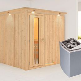 Karibu Sauna Rodin, 9 kW int. Steuerung, Holzt&uuml;r mit Isolierglas,Klarglas,mit Dachkranz