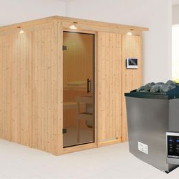 Karibu Sauna Rodin, 9 kW ext. Steuerung Easy Finnisch, Ganzglast&uuml;r,graphit,mit Dachkranz