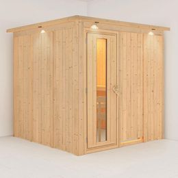 Karibu Sauna Rodin, ohne Ofen, Holzt&uuml;r mit Isolierglas,Klarglas,mit Dachkranz
