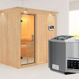 Karibu Sauna Rodin, 9 kW ext. Steuerung Easy Bio, Ganzglast&uuml;r,Klarglas,mit Dachkranz
