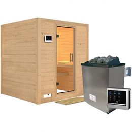 Karibu Sauna Mojave, 9 kW ext. Steuerung Easy Finnisch, Ganzglast&uuml;r,Klarglas,ohne Dachkranz