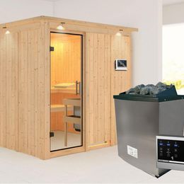 Karibu Sauna Rodin, 9 kW ext. Steuerung Easy Finnisch, Ganzglast&uuml;r,Klarglas,mit Dachkranz