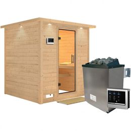 Karibu Sauna Mojave, 9 kW ext. Steuerung Easy Finnisch, Ganzglast&uuml;r,Klarglas,mit Dachkranz