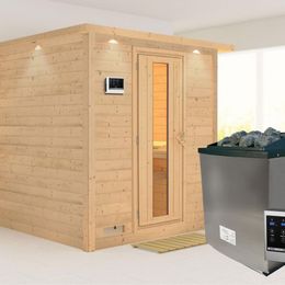 Karibu Sauna Mojave, 9 kW ext. Steuerung Easy Finnisch, Holzt&uuml;r mit Isolierglas,Klarglas,mit Dachkranz