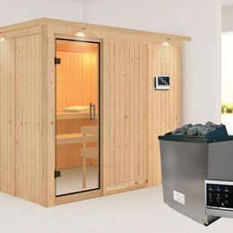 Karibu Sauna Gobin, 9 kW ext. Steuerung Easy Finnisch, Ganzglast&uuml;r,Klarglas,mit Dachkranz
