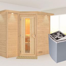 Karibu Sauna Sahib 2, 9 kW int. Steuerung, Holzt&uuml;r mit Isolierglas,Klarglas,mit Dachkranz