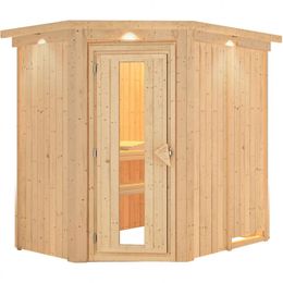 Karibu Sauna Saja, ohne Ofen, Holzt&uuml;r mit Isolierglas,Klarglas,mit Dachkranz