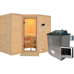 Karibu Sauna Sahib 2, 9 kW ext. Steuerung Easy Finnisch, Ganzglast&uuml;r,Klarglas,ohne Dachkranz