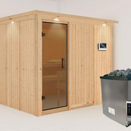 Karibu Sauna Gobin, 9 kW ext. Steuerung Easy Finnisch, Ganzglast&uuml;r,graphit,mit Dachkranz