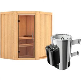 Karibu Sauna Tonja, 3,6 kW Ofen, Plug&Play int. Steuerung, Ganzglast&uuml;r,Klarglas,ohne Dachkranz