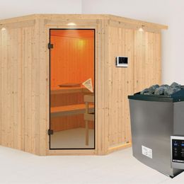 Karibu Sauna Malin, 9 kW ext. Steuerung Easy Finnisch, bronziert,Ganzglast&uuml;r,mit Dachkranz