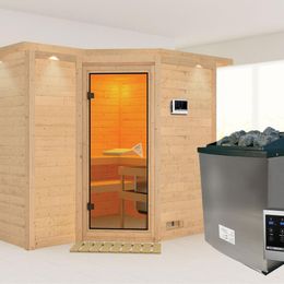 Karibu Sauna Sahib 2, 9 kW ext. Steuerung Easy Finnisch, bronziert,Ganzglast&uuml;r,mit Dachkranz