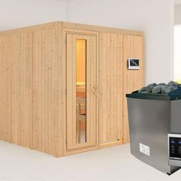 Karibu Sauna Rodin, 9 kW ext. Steuerung Easy Finnisch, Holzt&uuml;r mit Isolierglas,Klarglas,ohne Dachkranz