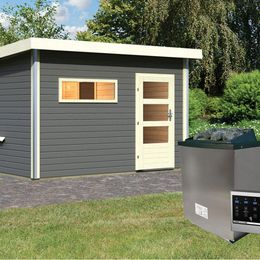 Karibu Saunahaus Skrollan 3 Terragrau, 9 kW ext. Steuerung Easy Finnisch